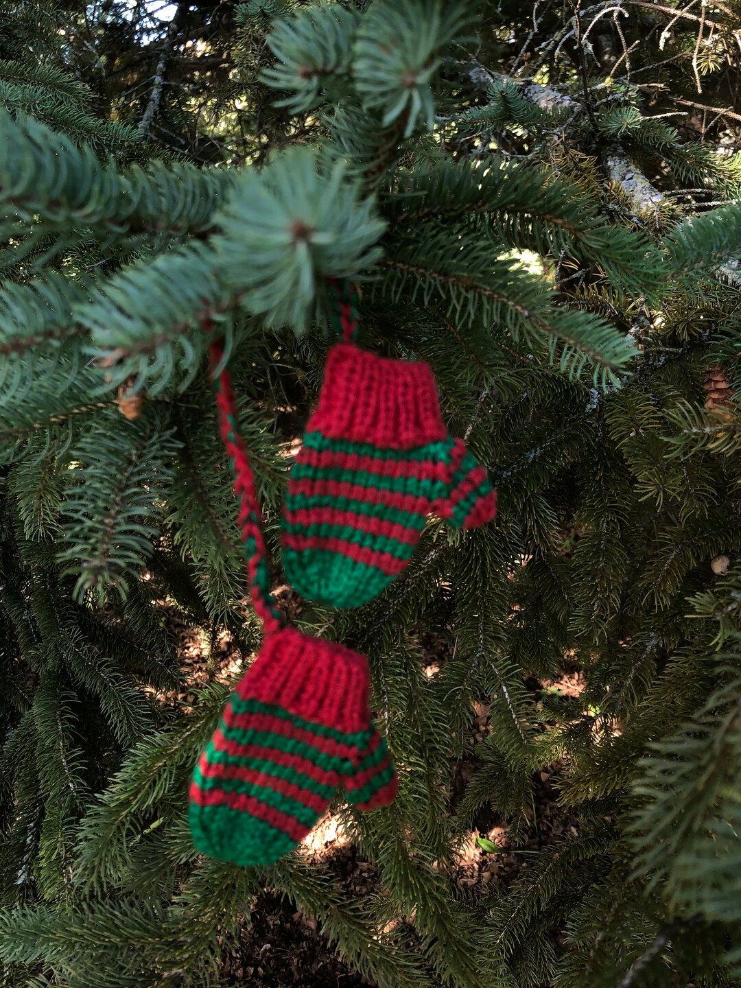 Miniature Red and Green Stripped Mittens on a String Ornament - Etsy