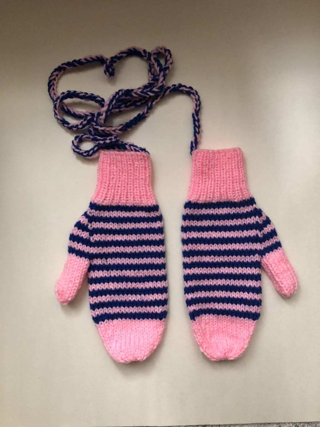 Adult Pink and Dark Blue Striped Mittens on a String/cord - Etsy