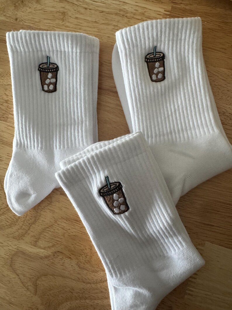Iced Coffee Embroidered Crew Socks, Iced Latte Embroidered Crew Socks ...