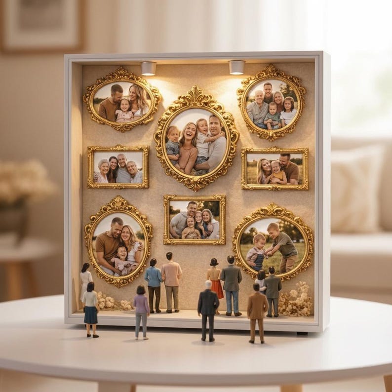 Family Photo DIY Mini Museum Box, LED Memory Display With Wood Frames ...