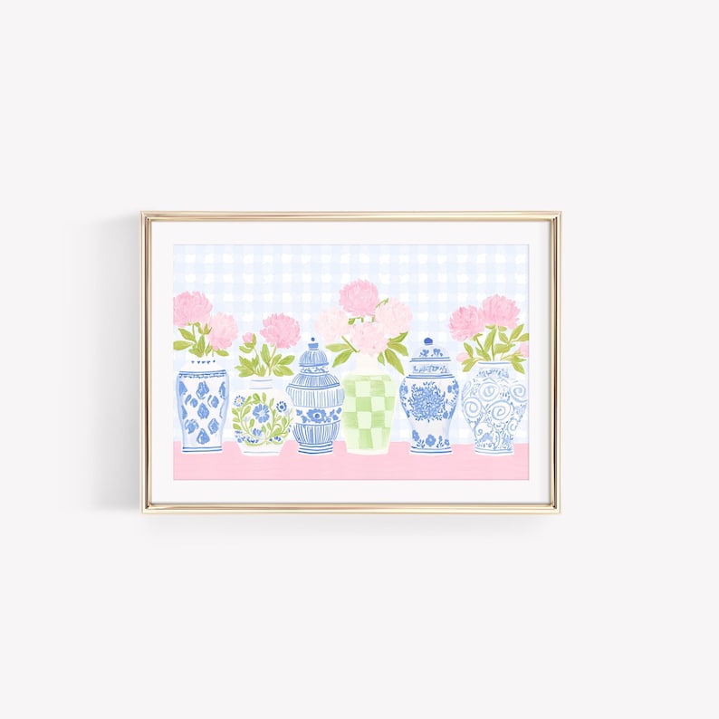 Pink Peonies & Chinoiserie Jars Print, Floral Ginger Jar Wall Art ...