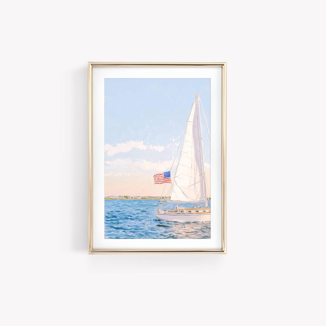 Vintage Sailboat American Flag Poster, East Coast Nautical Decor, Old ...