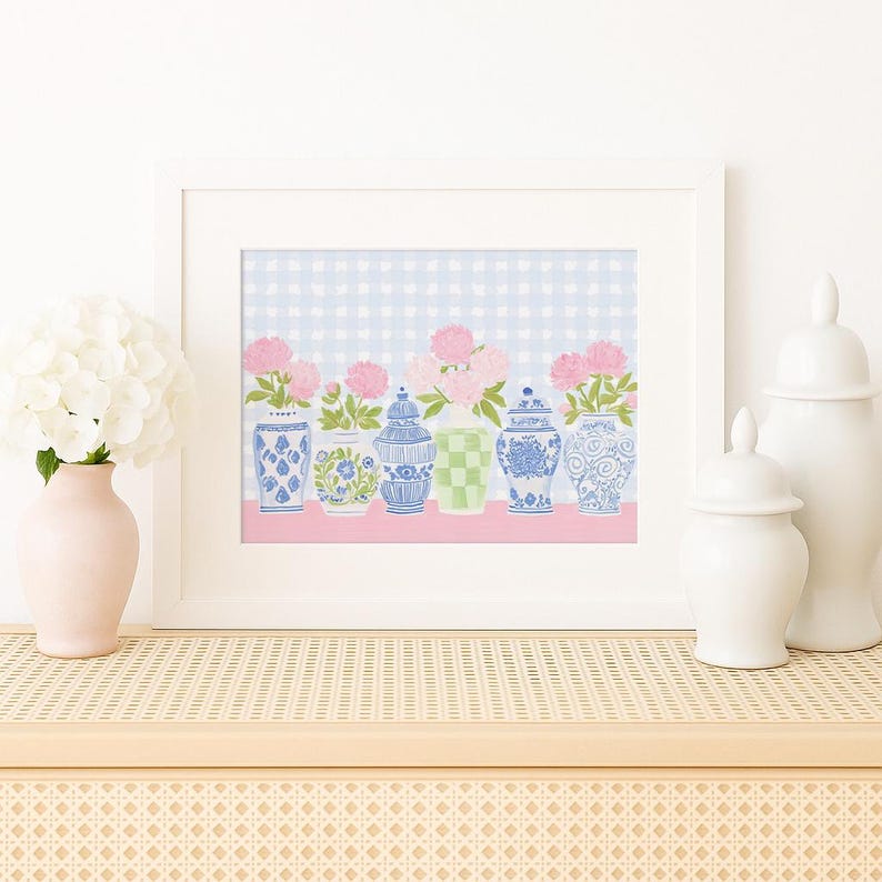 Pink Peonies & Chinoiserie Jars Print, Floral Ginger Jar Wall Art ...