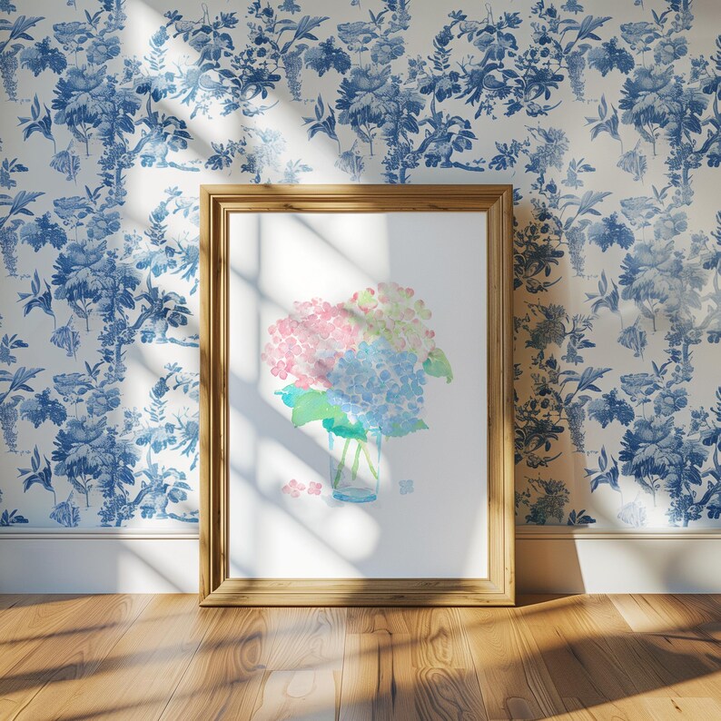 Colorful Hydrangea Watercolor Print, Grandmillennial Print, Coastal ...