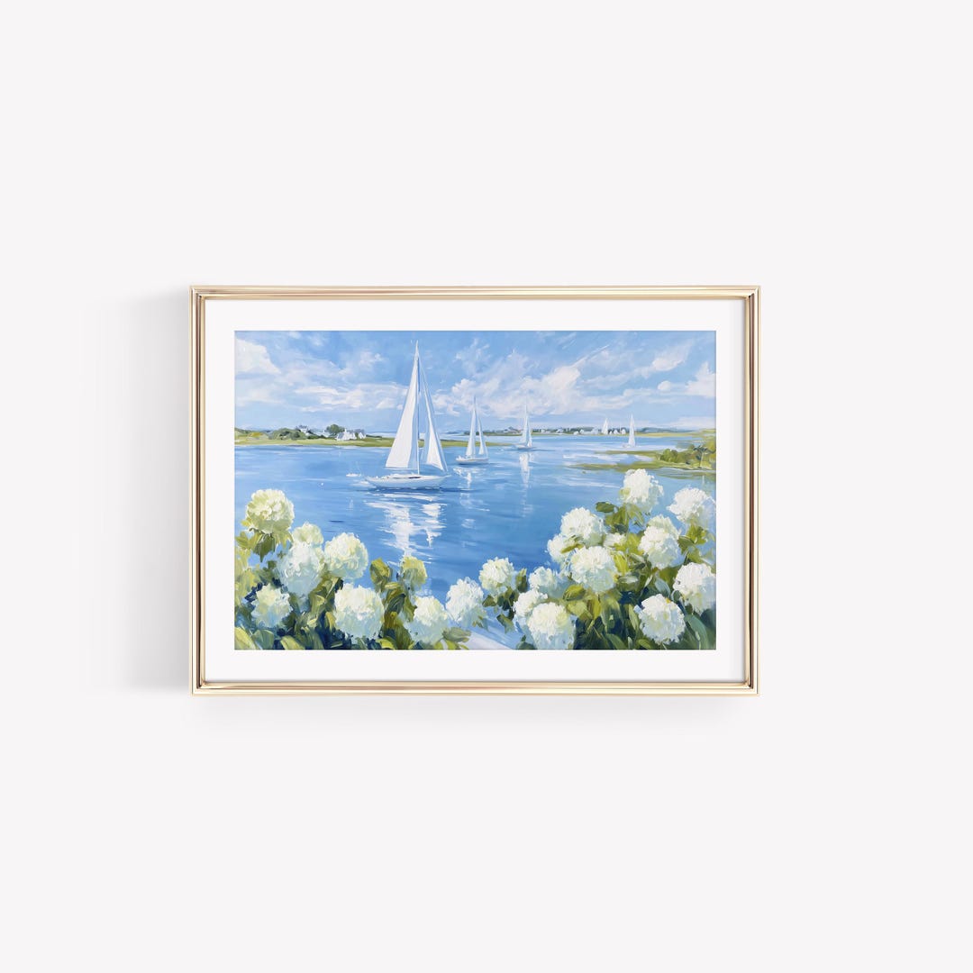 Vintage Hydrangea Coastal Printable, Sailboat Seascape Painting ...