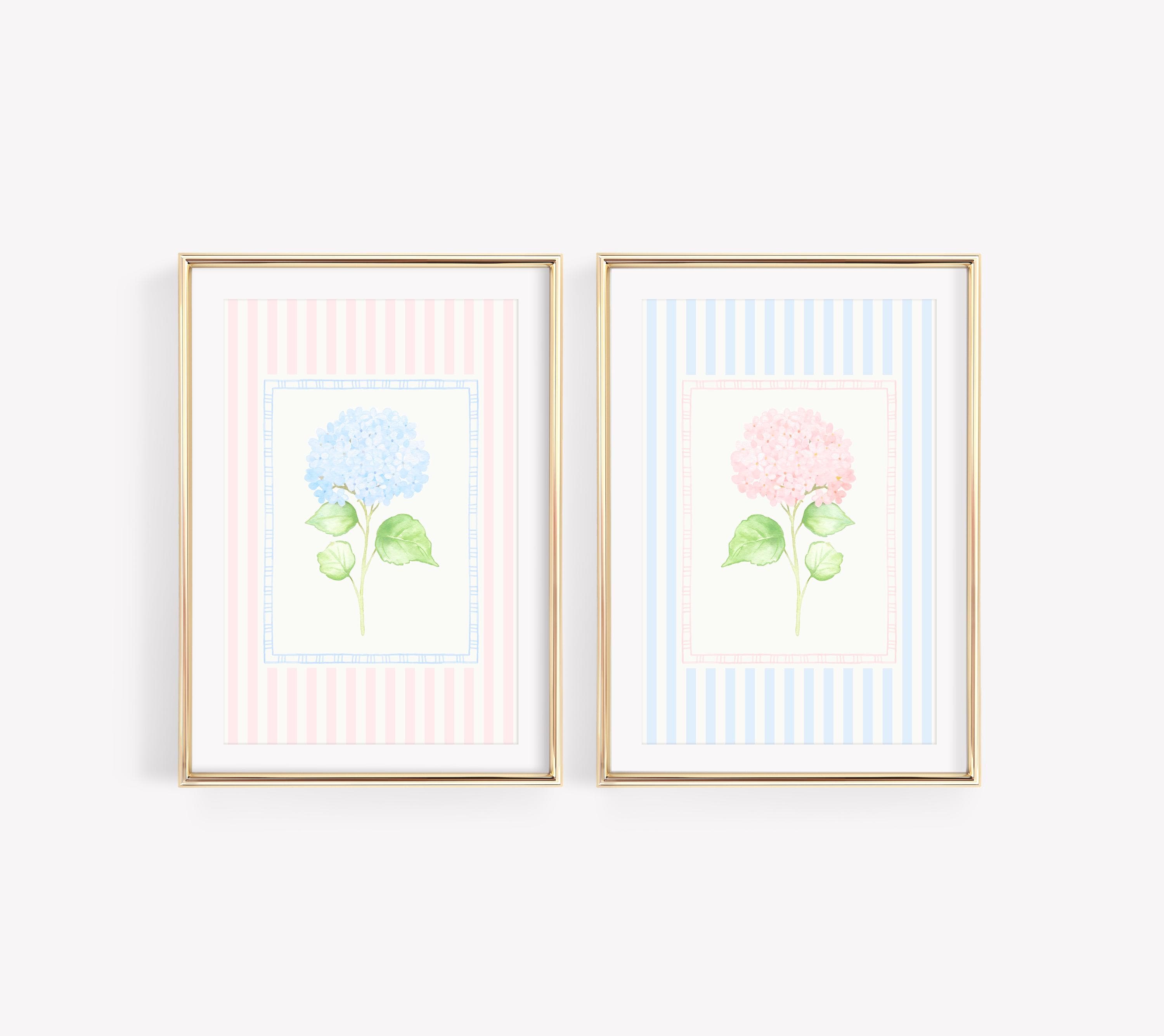 Pink & Blue Hydrangea Wall Art: Preppy Watercolor Set of 2 Prints ...