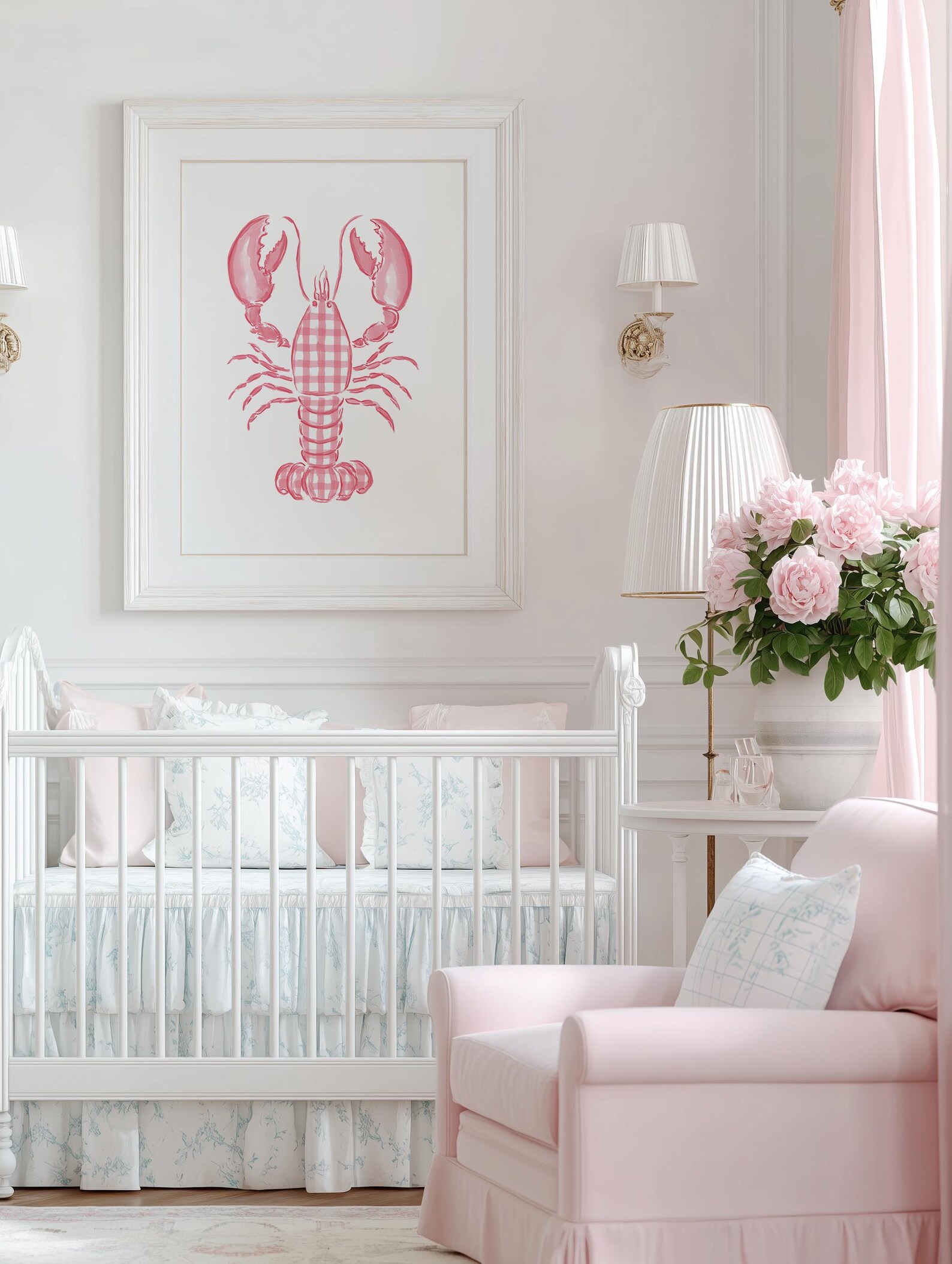 Watercolor Gingham Lobster Art Print, Nantucket Nursery Print, Nautical ...
