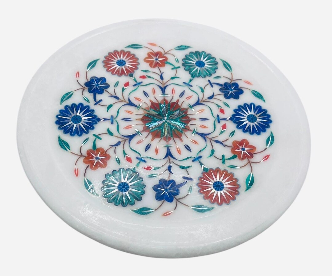Ashi Couture White Marble Plate 10” Semi Precious Inlay Stone Floral ...