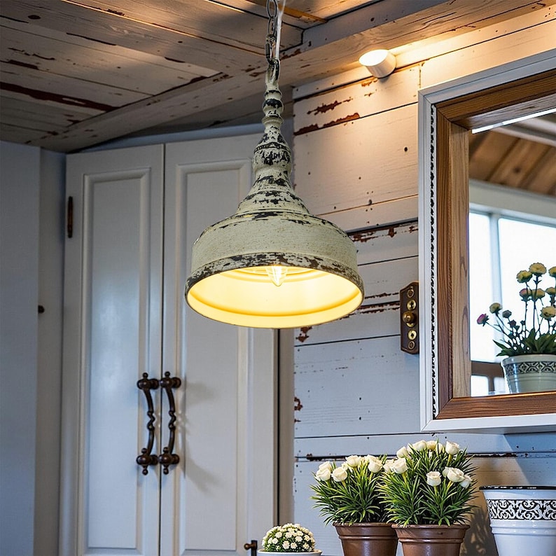 Cream White Pendant Lamp Distressed Finish Pendant Lamp Metal Lampshade ...