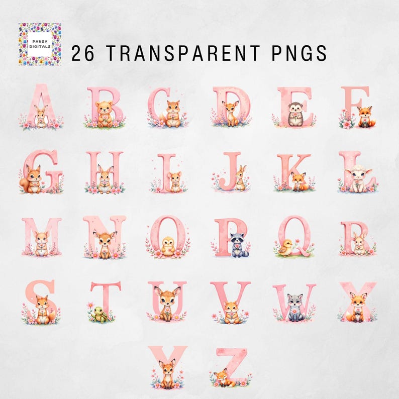 Pink Watercolor Animal Alphabet Clipart, A-Z Letters, Nursery Decor PNG ...