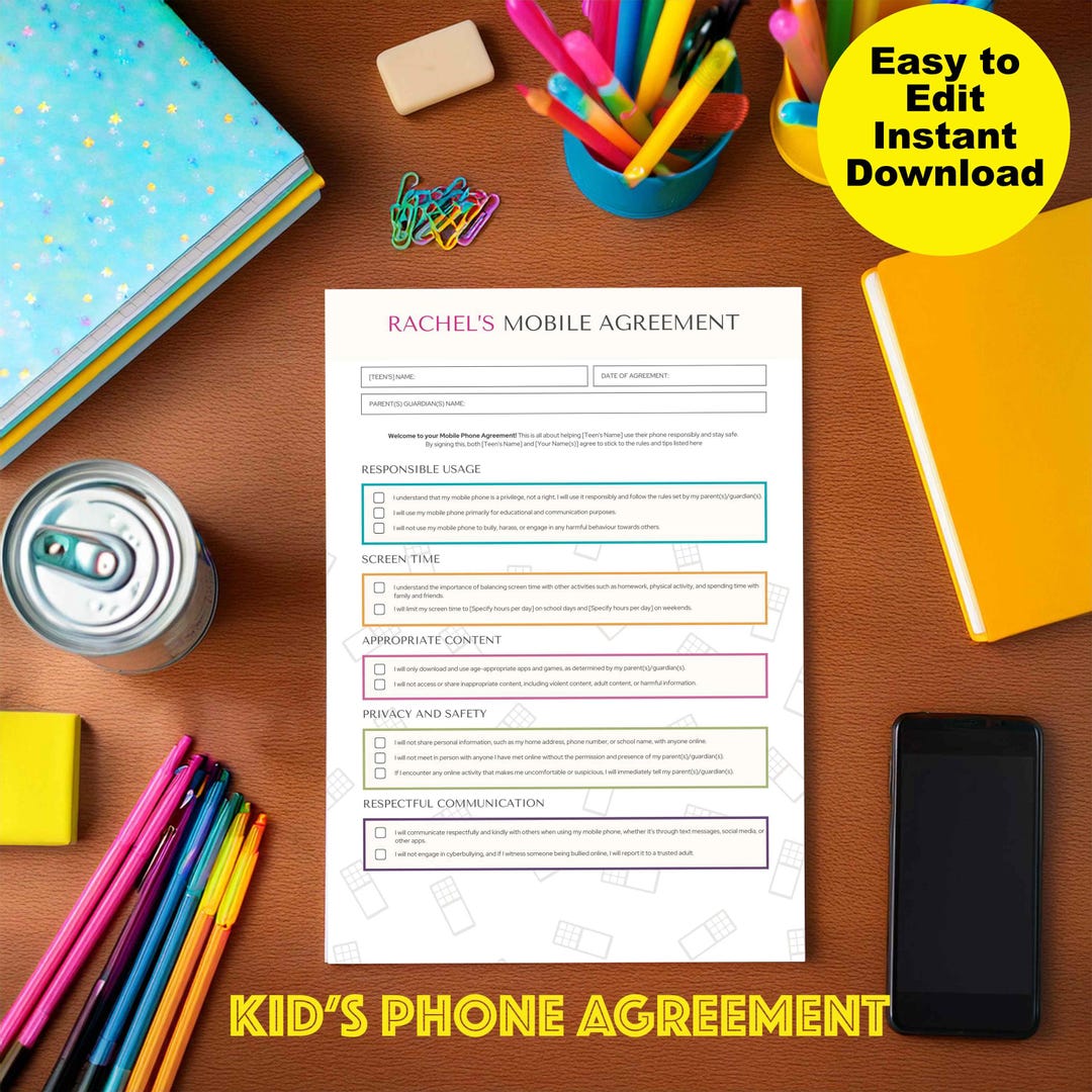 Teen Mobile Phone Agreement, Teenager Phone Contract, Parent Child ...