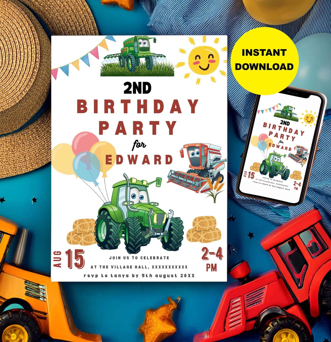 Green Tractor Birthday Party Invitation, Boys Birthday Party Tractor ...