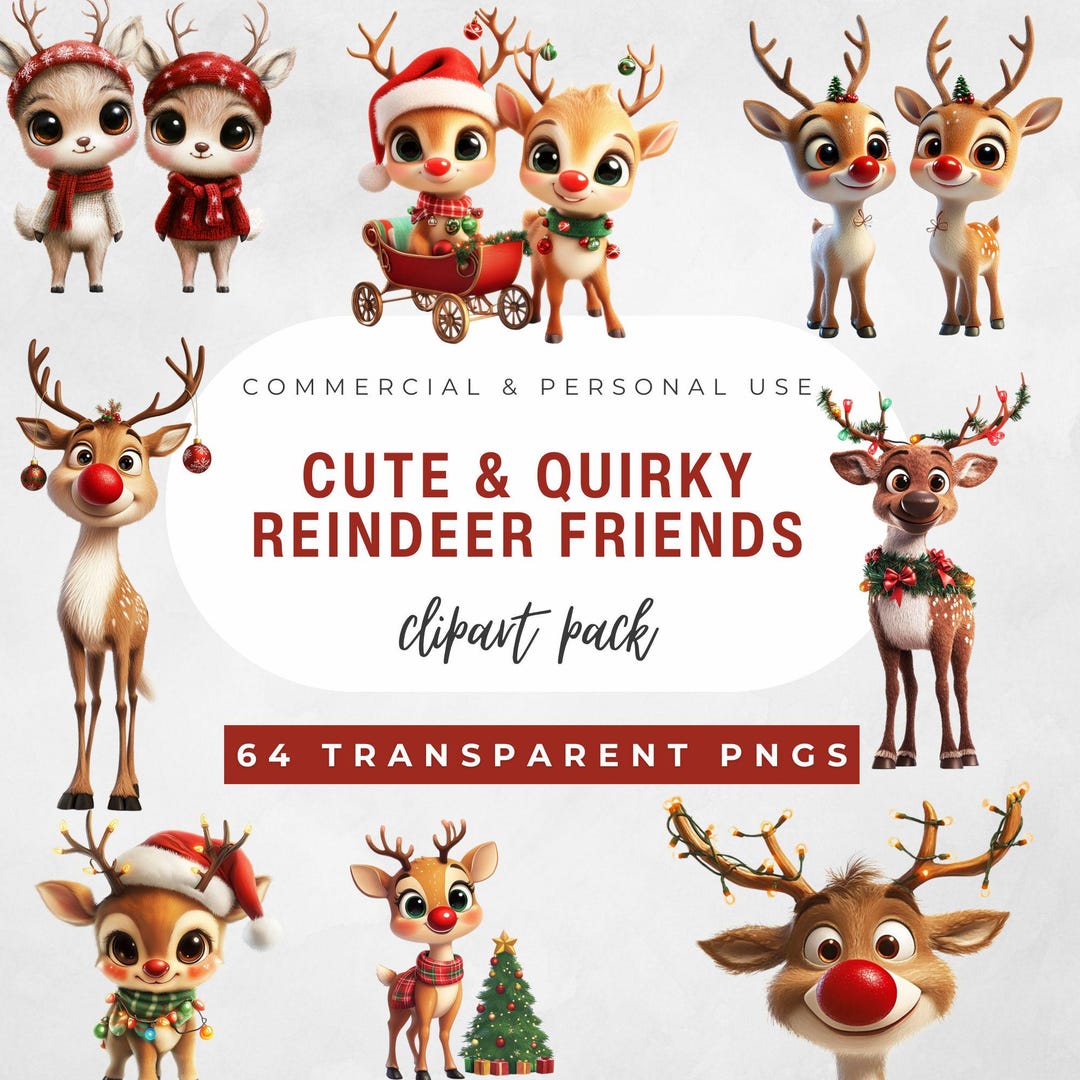 Cute & Quirky Reindeer Friends Clipart, Watercolour Illustrations, 64 ...