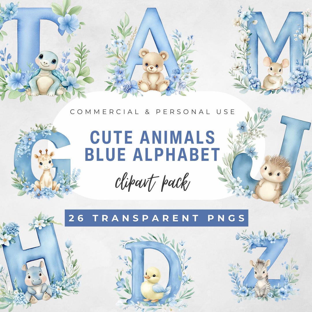 Cute Animal Alphabet Letter Clipart, Blue Watercolour Illustrations, 26 ...