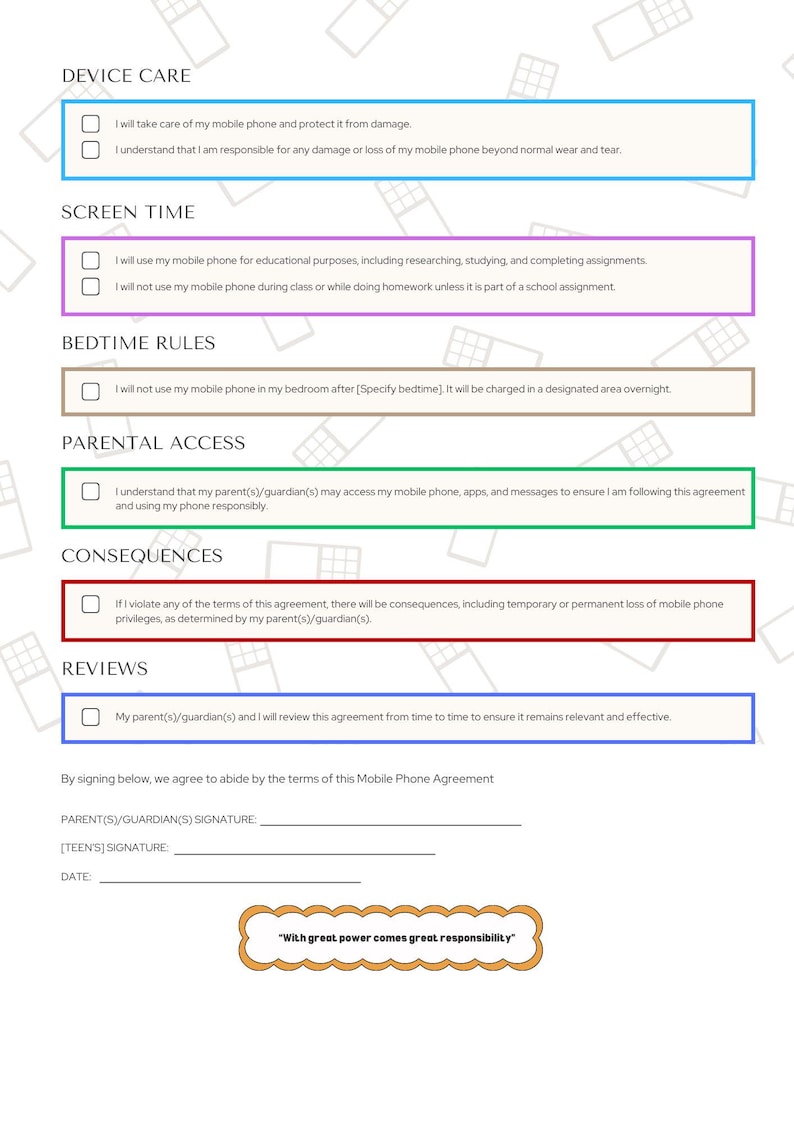 Teen Mobile Phone Agreement, Teenager Phone Contract, Parent Child ...