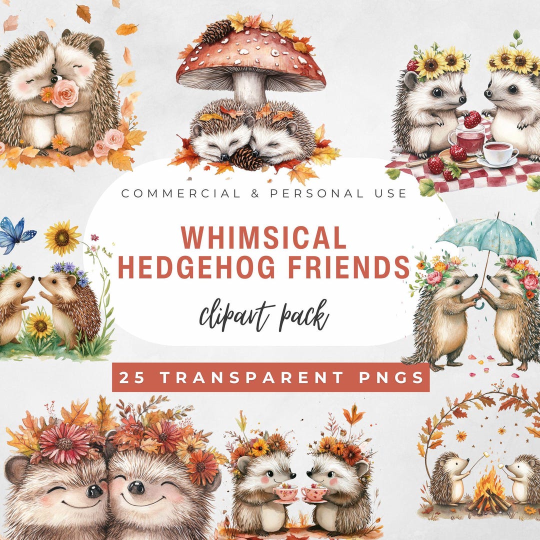 Whimsical Hedgehog Friends Clipart, Watercolour Illustrations, 24 ...