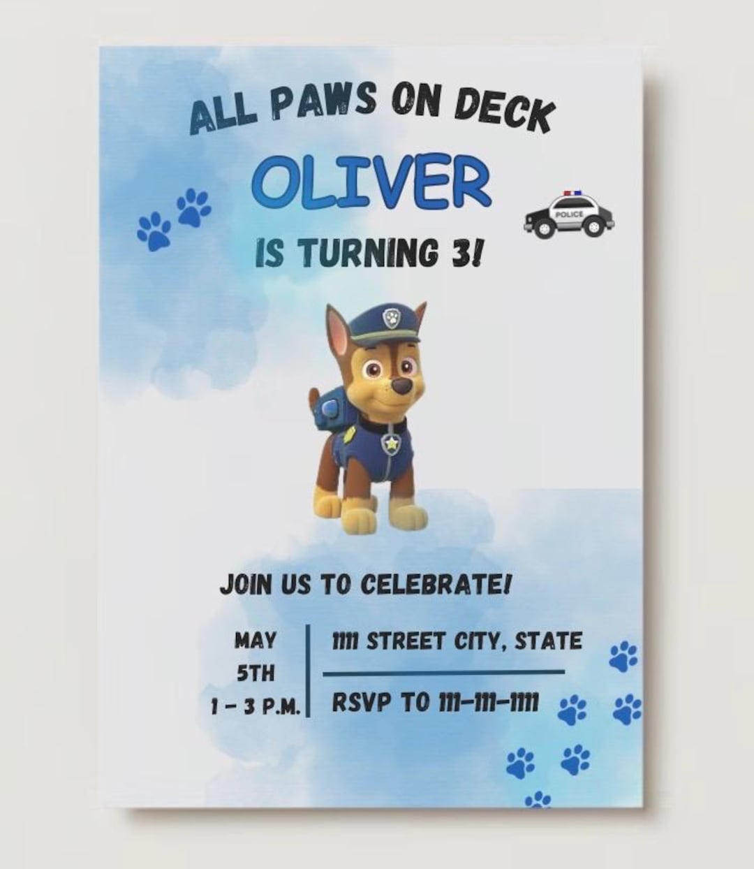 Editable Paw Patrol Chase Birthday Invitation - Etsy