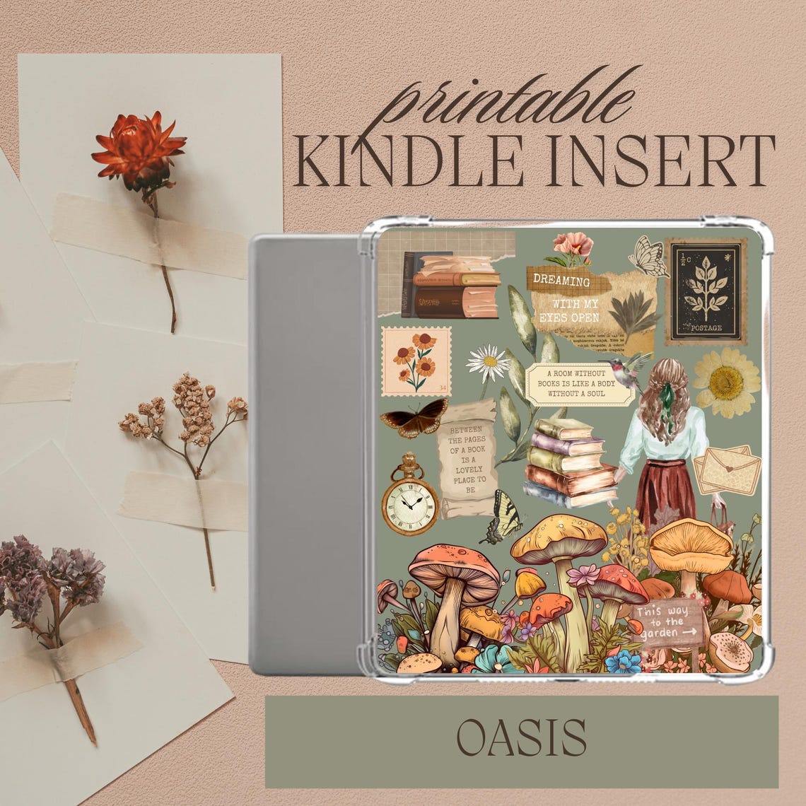 COTTAGECORE Aesthetic Kindle Insert for Clear Case, PRINTABLE Kindle ...