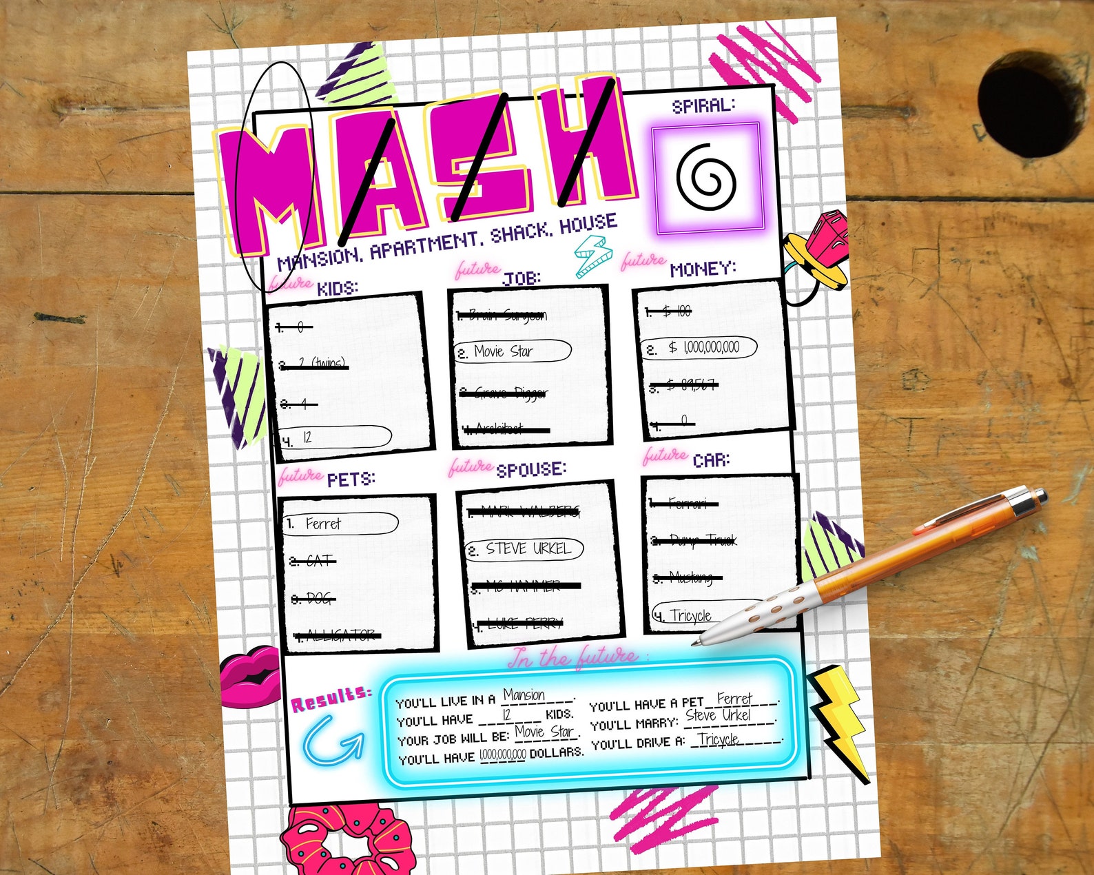 MASH Game 90s 80s Teen Instant Download 1 Pdf | Etsy