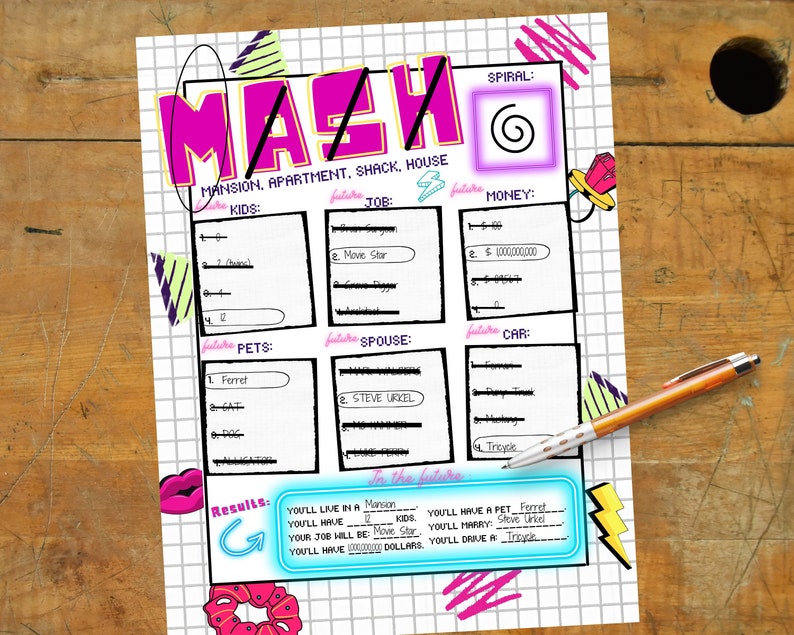 MASH, Game, 90s, 80s, Teen, Instant Download, 1 Pdf, Printable, A4 - Etsy