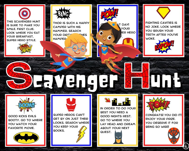 Superhero SCAVENGER HUNT Treasure Hunt Birthday Instant - Etsy