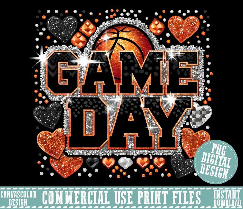 Game Day Basketball Png, Sublimation Design, Black Sequin Png ...