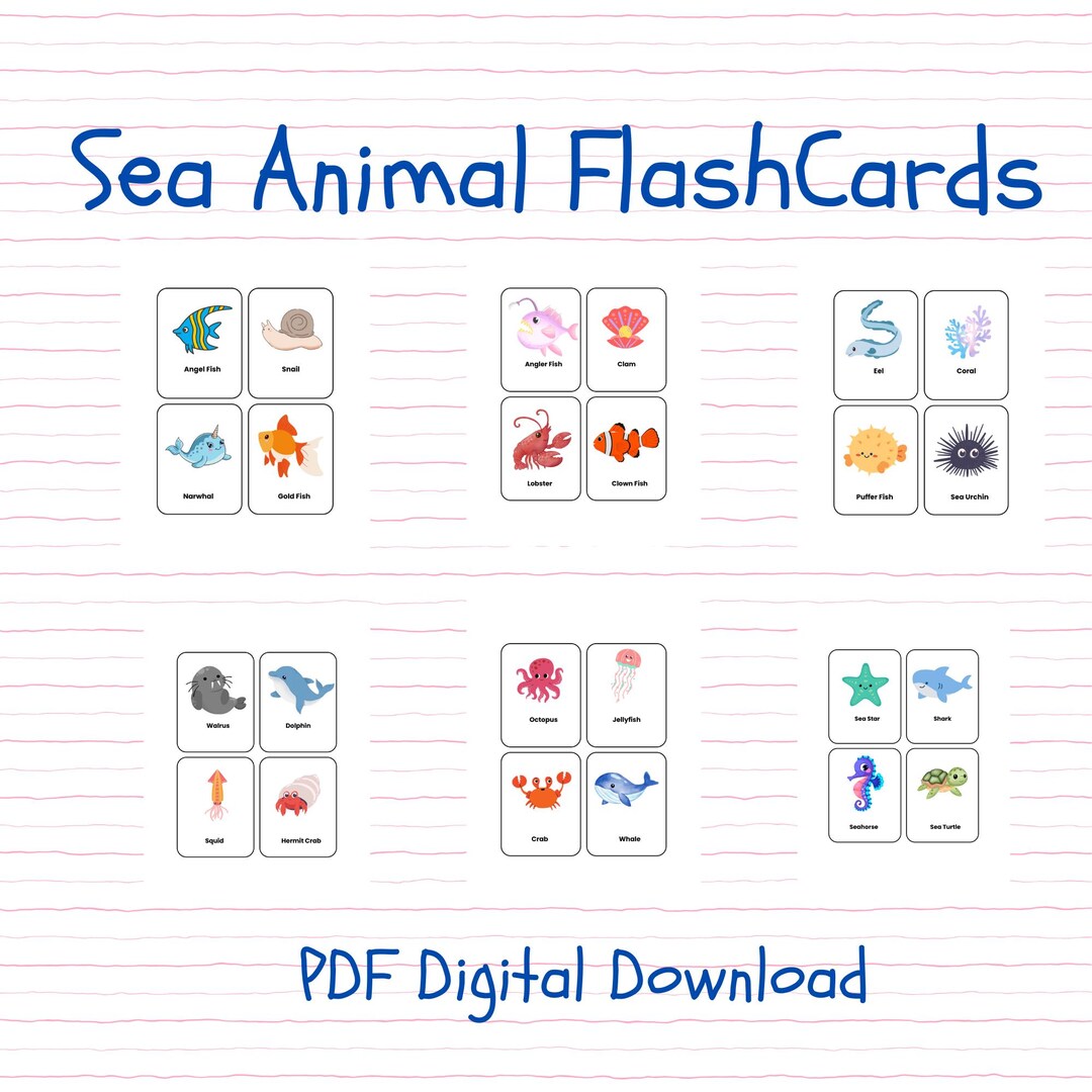 Sea Animal Flashcards Digital PDF Download - Etsy