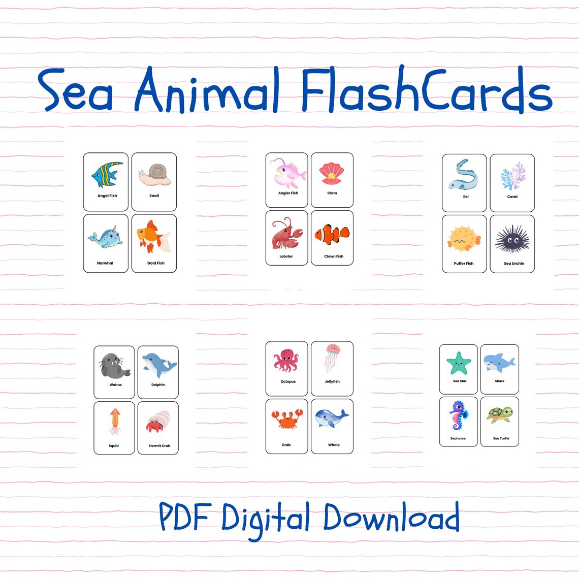 Sea Animal Flashcards Digital PDF Download - Etsy