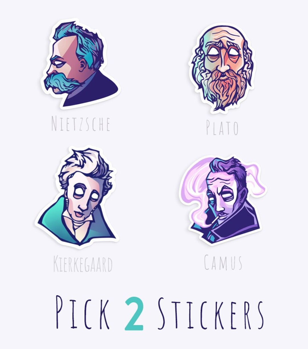 Pick 2 Sticker Set — Nietzsche / Camus / Kierkegaard / Plato / Sartre 3 ...