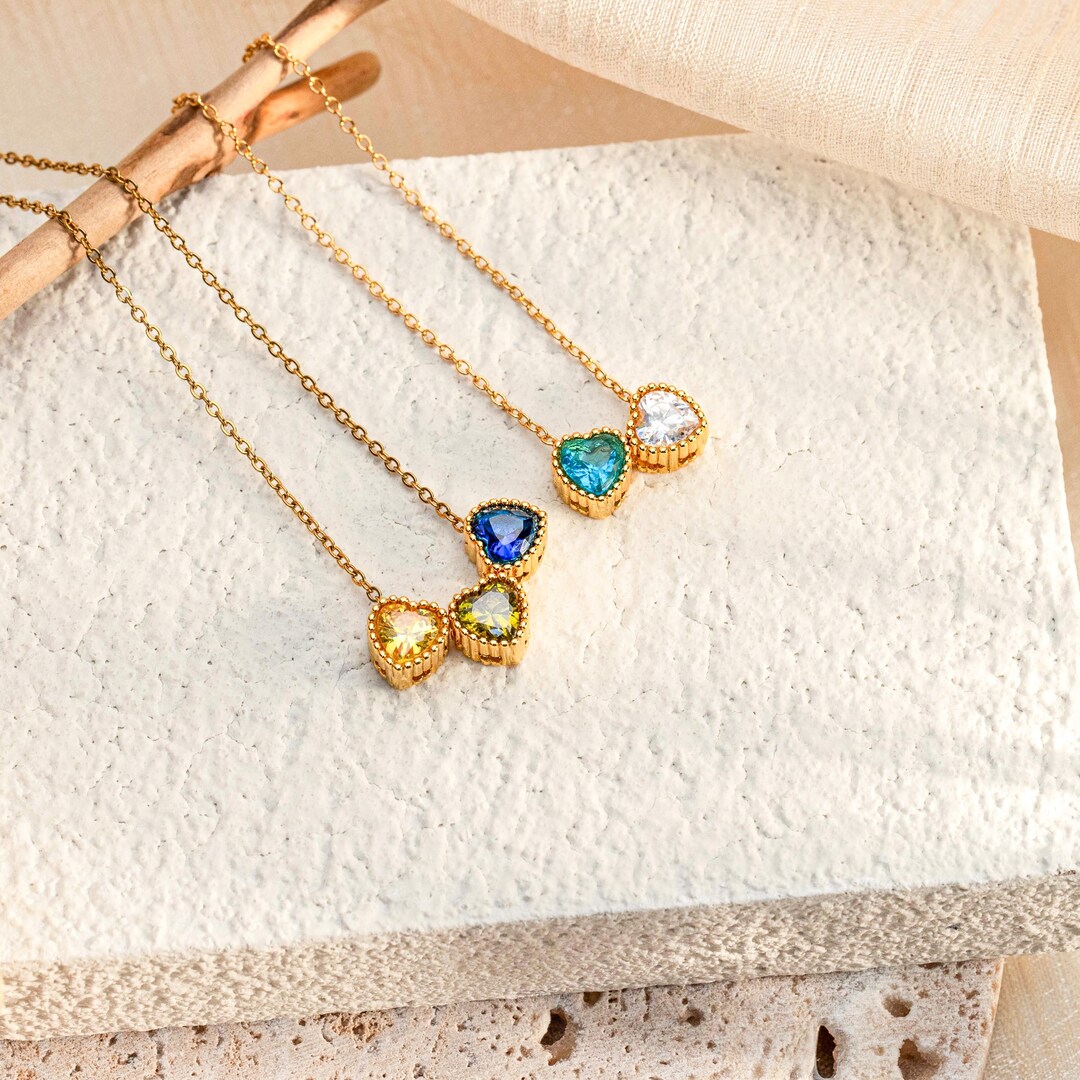 Personalized Tiny Heart Birthstone Necklace, Multiple Birthstone ...