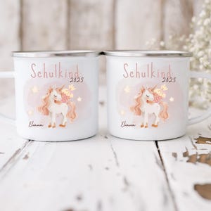 Personalisierte Emaille Tasse Einschulung Geschenk Mädchen Schulkind Becher mit Einhorn Kinder ...