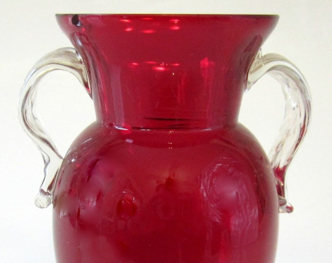 Ruby Red Glass Bud Vase Czechoslovakia Clear Applied Handles Valentine ...