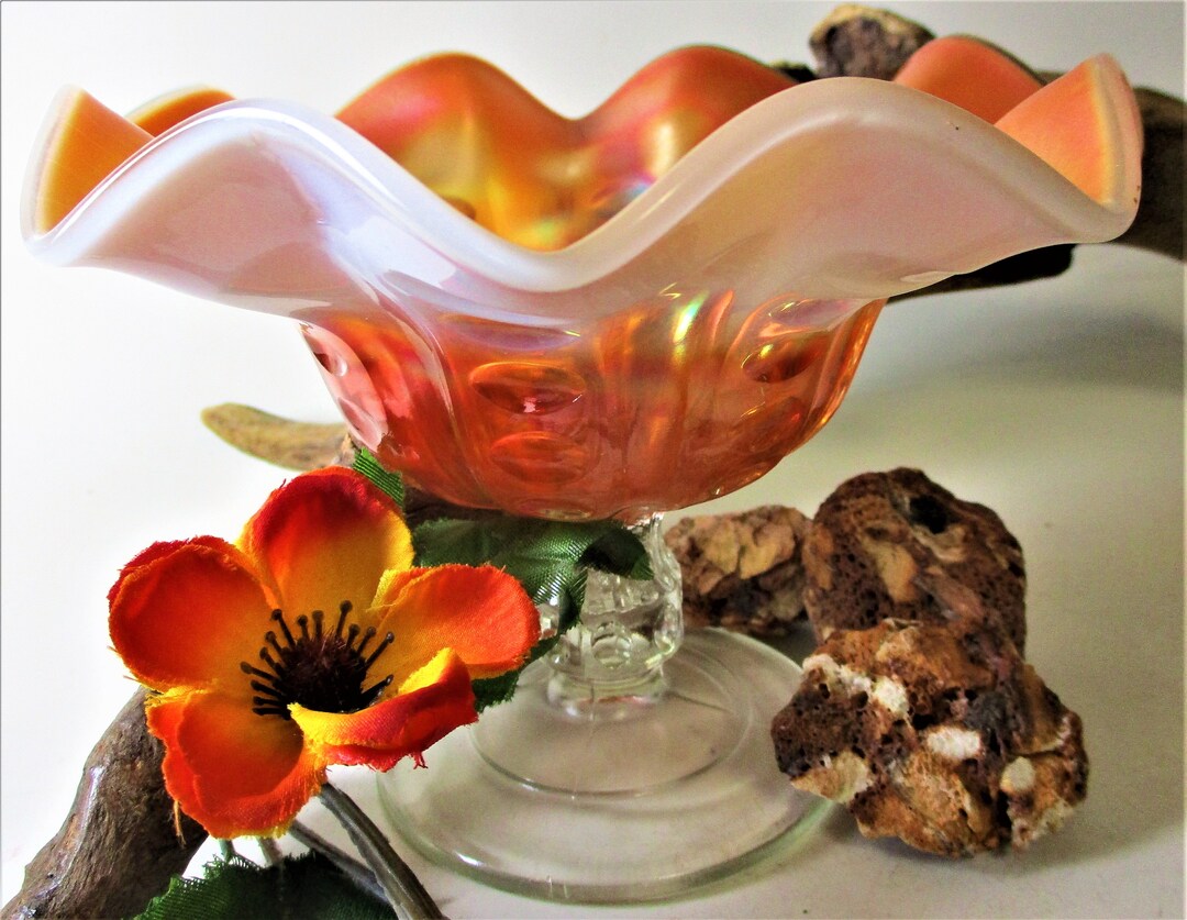 Vintage Compote Pedestal Ruffled Wavy Dugan Glass Coin Spot Dot ...
