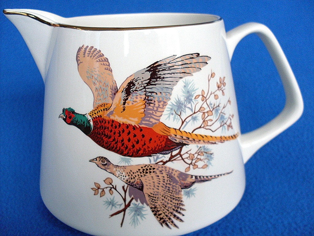England Pitcher Pheasant Pottery Ceramic Gold White Jug Vintage Nelson ...