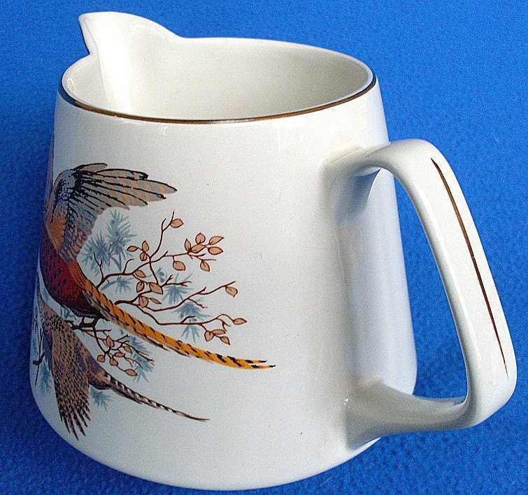 England Pitcher Pheasant Pottery Ceramic Gold White Jug Vintage Nelson ...