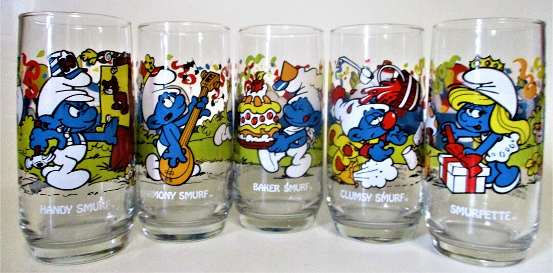 Vintage Smurfette Baker Harmony Clumsy Handy Smurf Kids Glass Tumbler ...