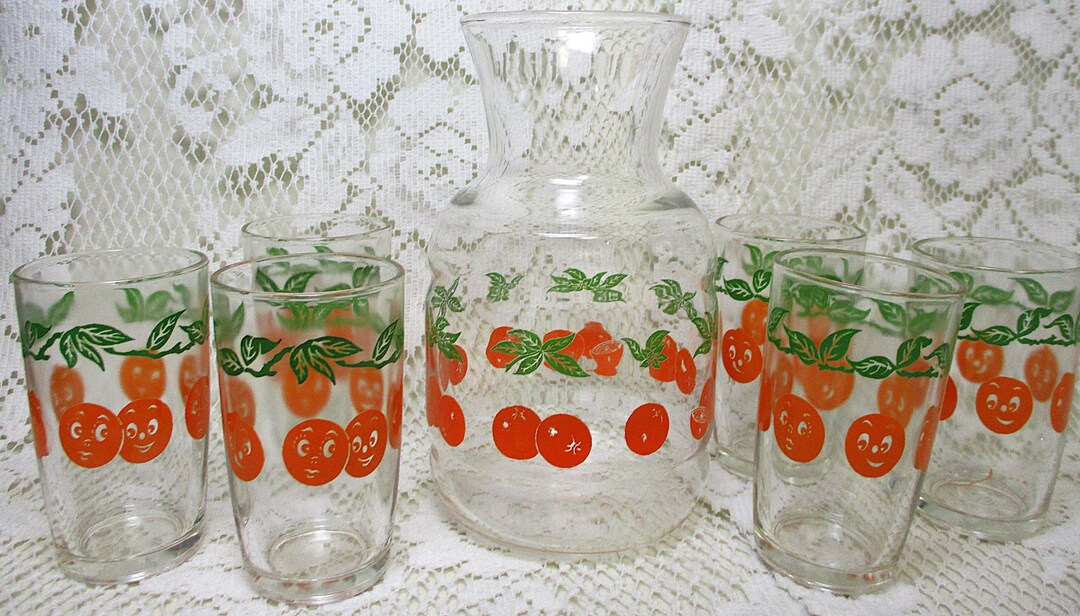 Orange Juice Carafe Smiley Face Swanky Swig Glasses Vintage Pitcher ...