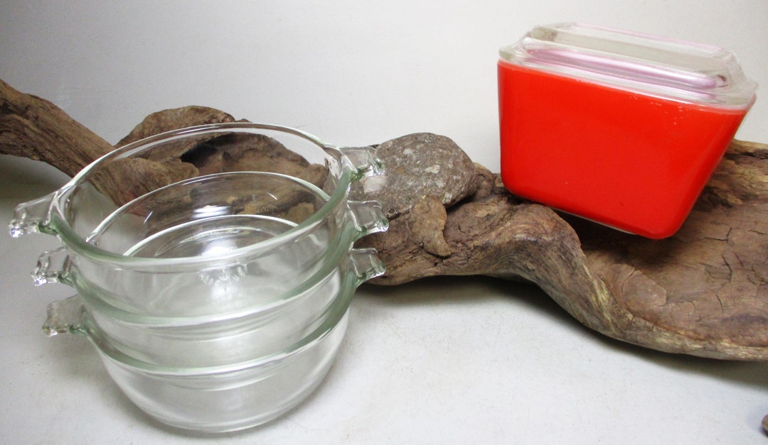 PYREX Lot Refrigerator Red Dish Rare Storage Clear Glass Ribbed Lid ...