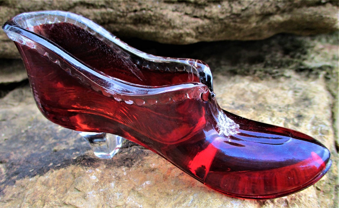Glass Slipper Red Ruby Beaded Rim Shoe Boot Vintage Etched Bow Clear ...