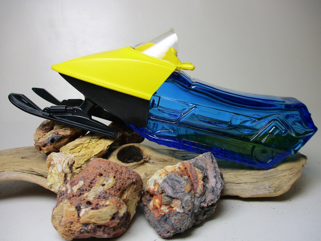 Vintage Avon Snowmobile Yellow Black Skis Blue Bottle Decanter Glass ...