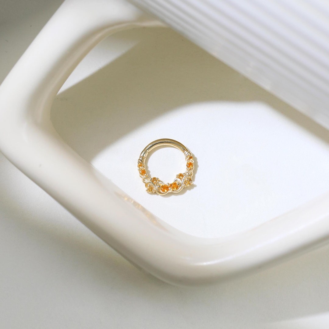 14K Solid Gold Citrine Twisted Vine Hinged Clicker Swiss Blue Topaz ...