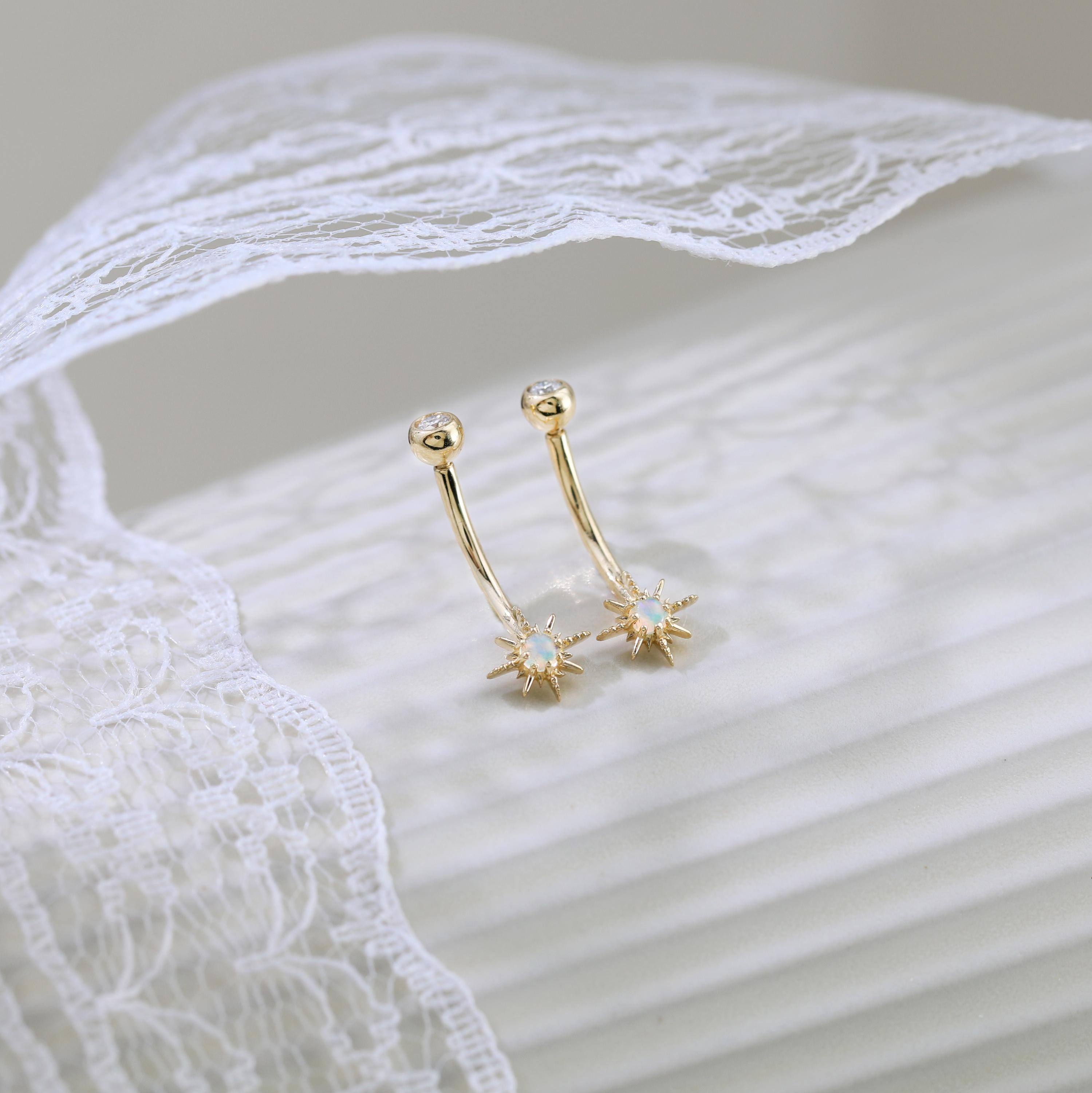 14K Solid Gold Starburst Opal Rook Earring Star Moissanite Eyebrow Ring ...