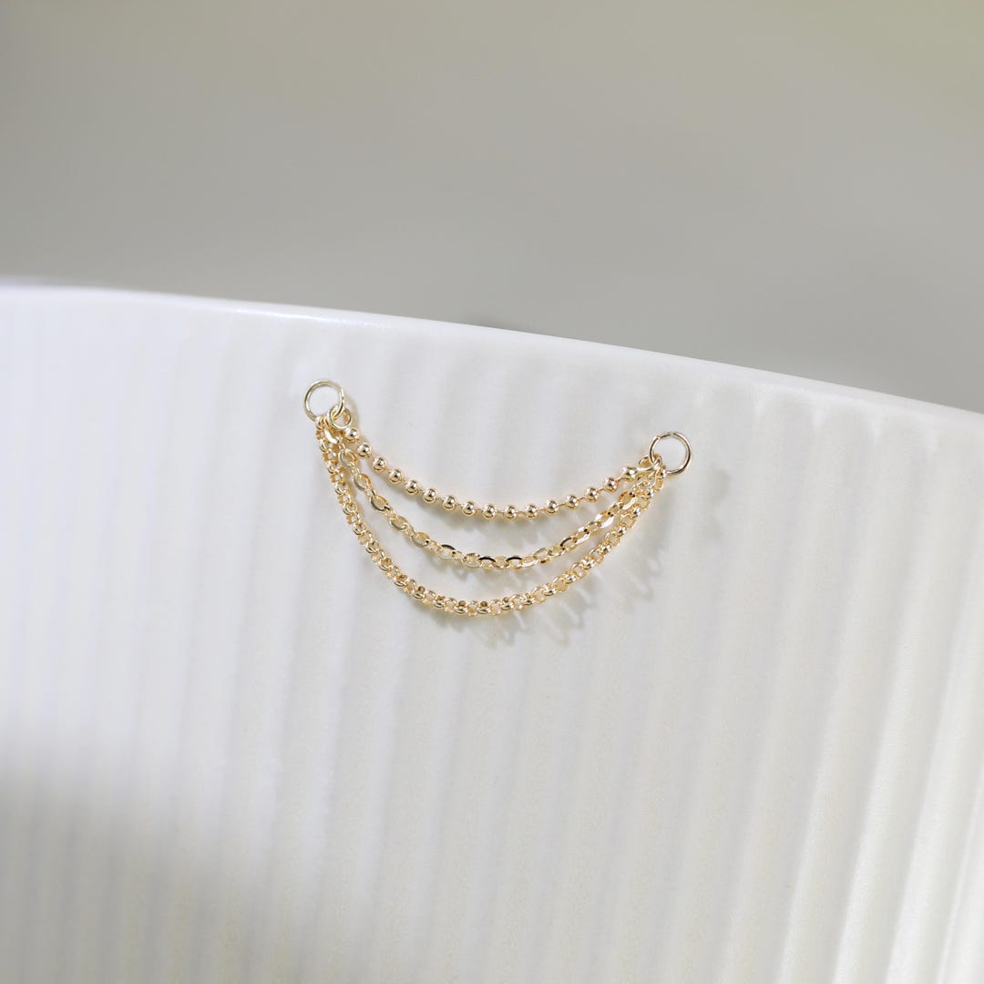 14K Solid Gold Triple Layer Chain Attachment Drape Nose Chain ...