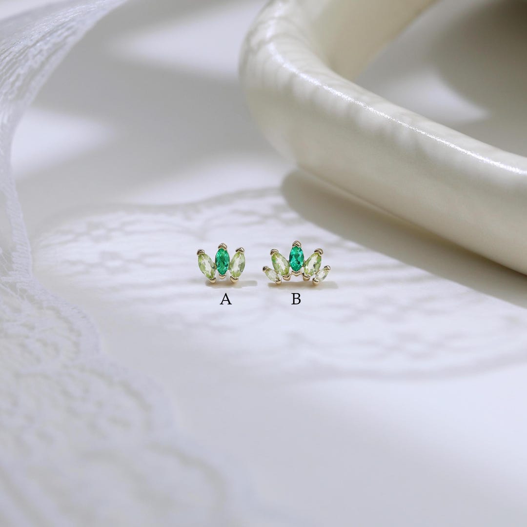 14k Solid Gold Lotus Emerald Helix Stud Earring Crown Marquise Peridot ...