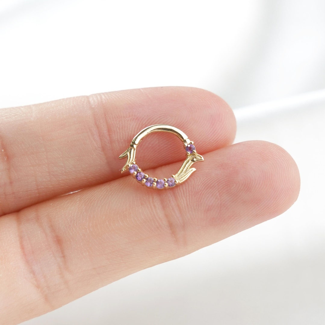 14K Solid Gold Amethyst Hinged Clicker Stylish Fishtail Nose Ring ...