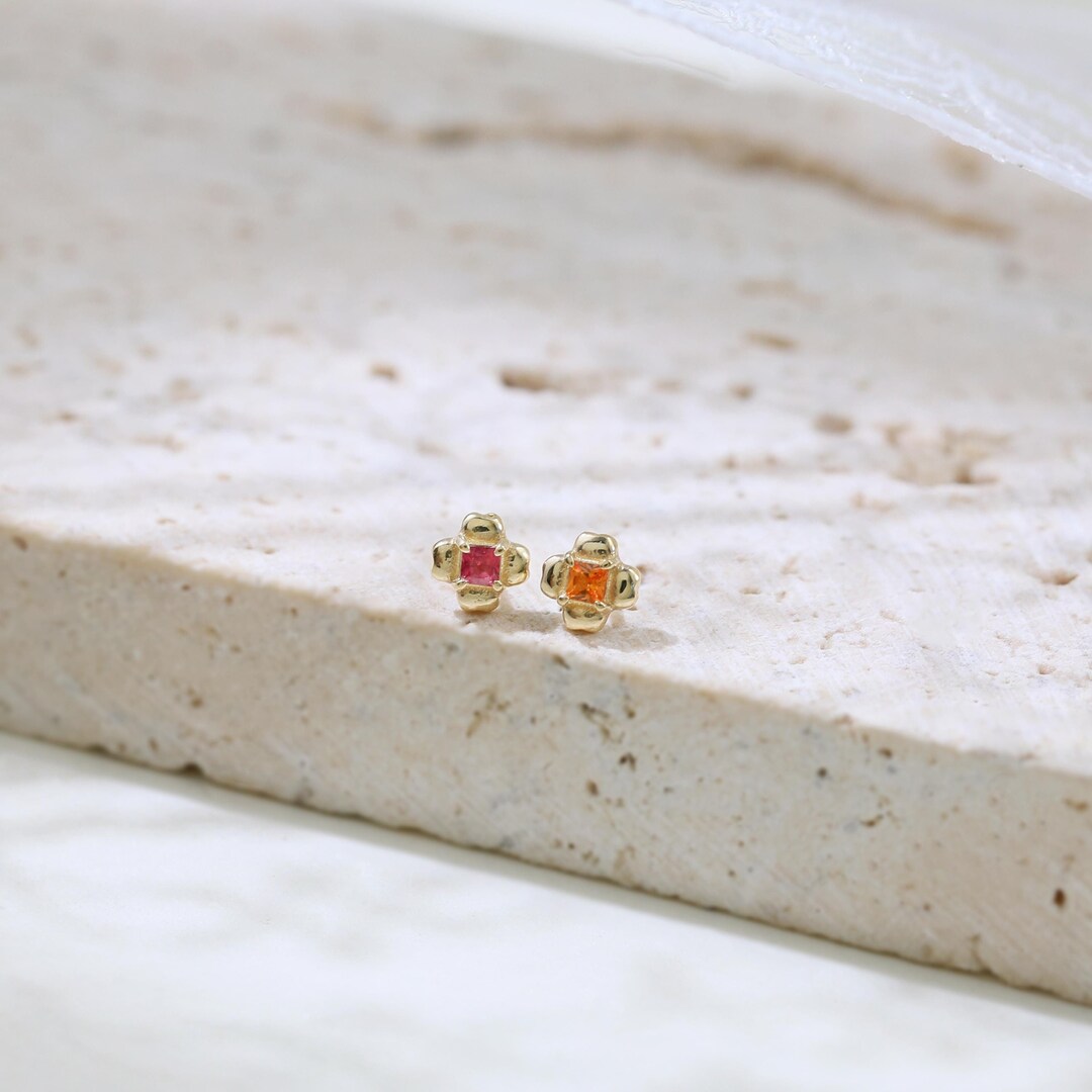 14K Solid Gold Flower Fanta Orange Garnet Rhodolite Garnet Earring ...