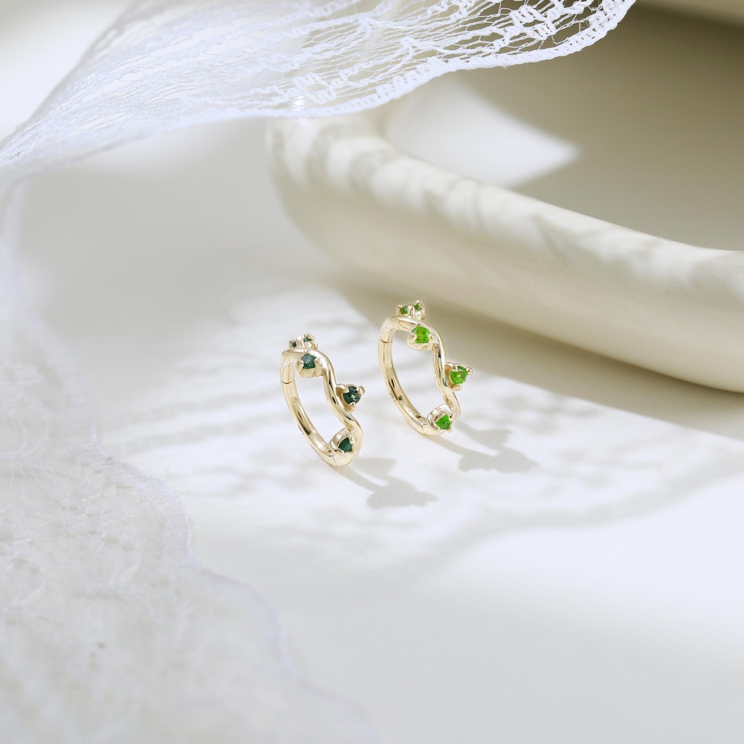 14k Solid Gold Moss Agate Twist Hoop Earring Chrome Diopside Nose Ring ...