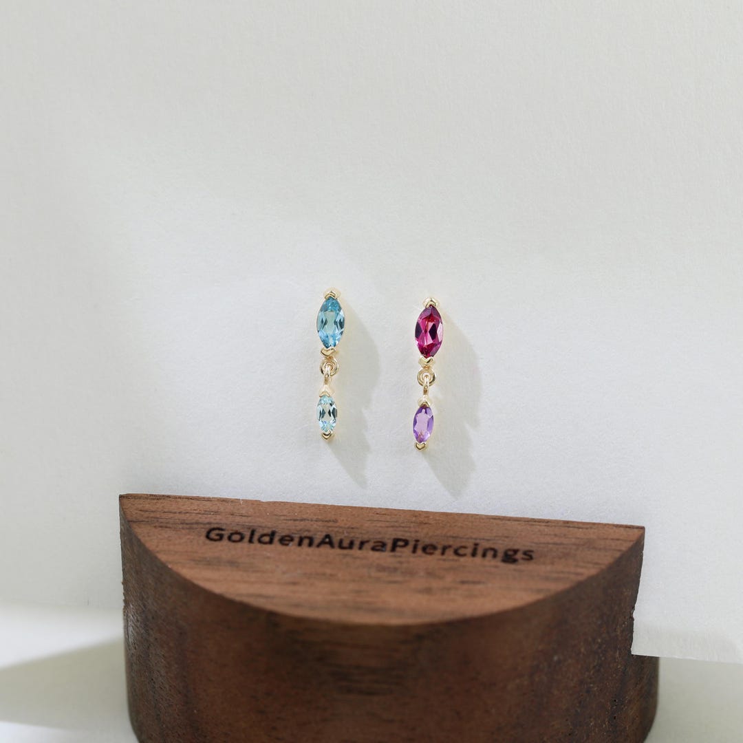 14k Solid Gold Blue Topaz Duo Marquise Shape Dangle Earring Rhodolite ...