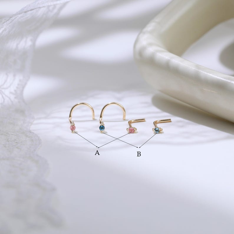 14k Solid Gold London Blue Topaz L-shaped Nose Ring Pink Tourmaline S ...