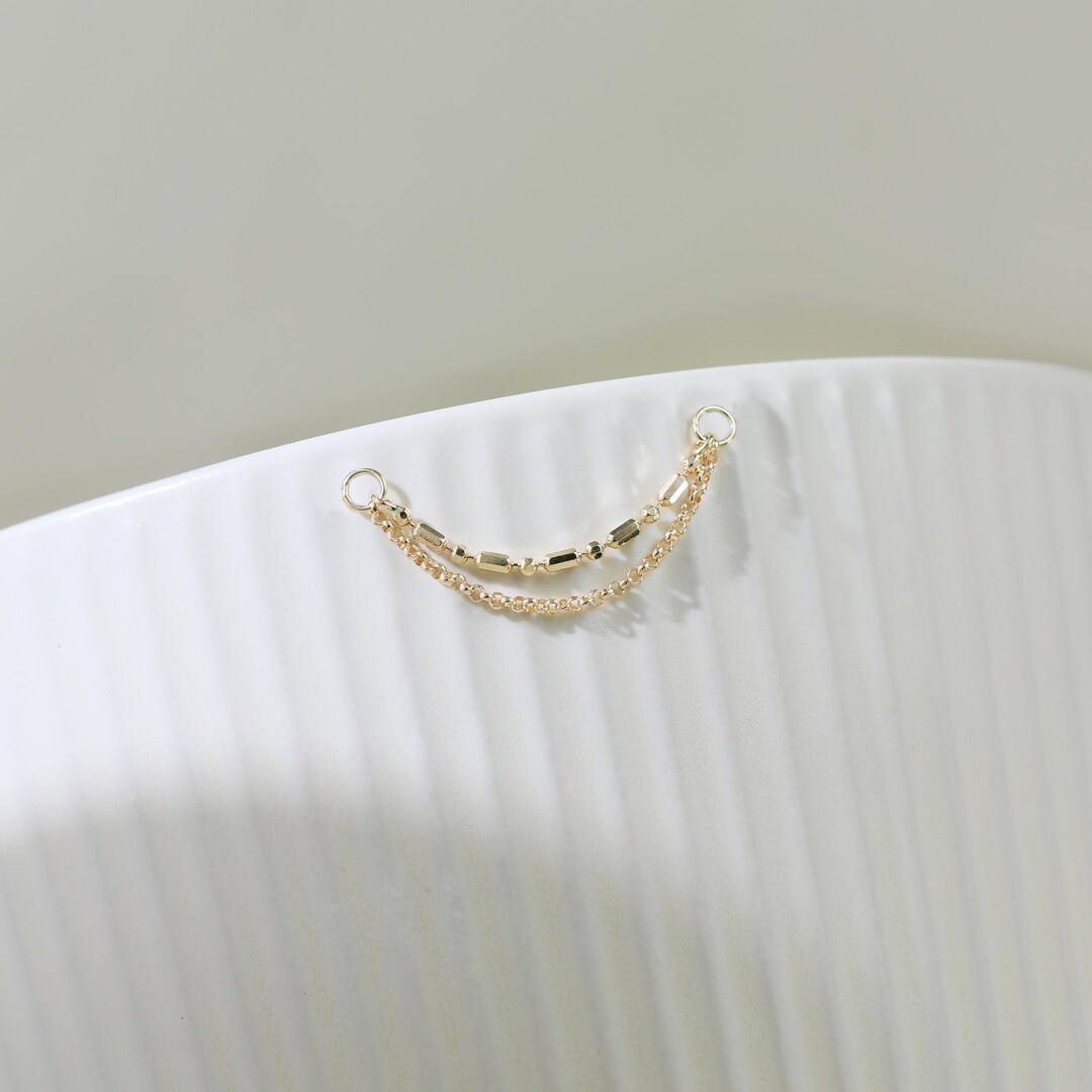 14K Solid Gold Double Chain Attachment Minimalist Drape Chain Connector ...